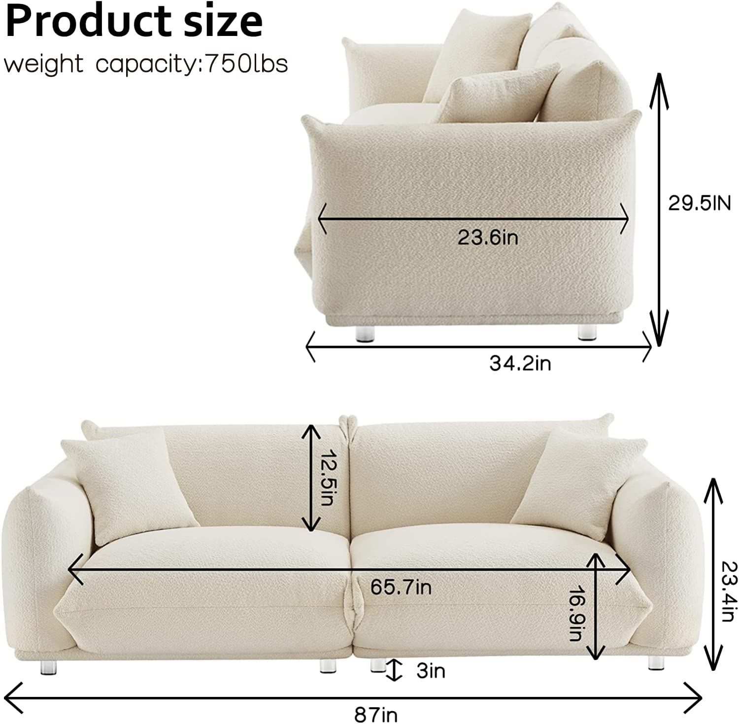 Hison Lambswool 3 Seat Cushion Couch 87'' Comfy Couch for Living Room Deep Seat Sofa with 2 Pillows (White)