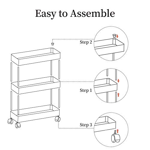 DILUOOU 3 Tier Slim Storage Cart, Mobile Shelving Unit Organizer Slide Out Rolling Storage Racks with Wheels, for Kitchen Bathroom Laundry Room Narrow Places,Pink