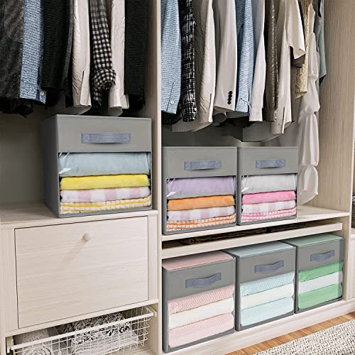 DIMJĀ Cube Storage Bins, 3 Packs Clear Window Fabric Storage Bin Organizer for Closet Shelves Home Storage Cubes Organizer with Handles