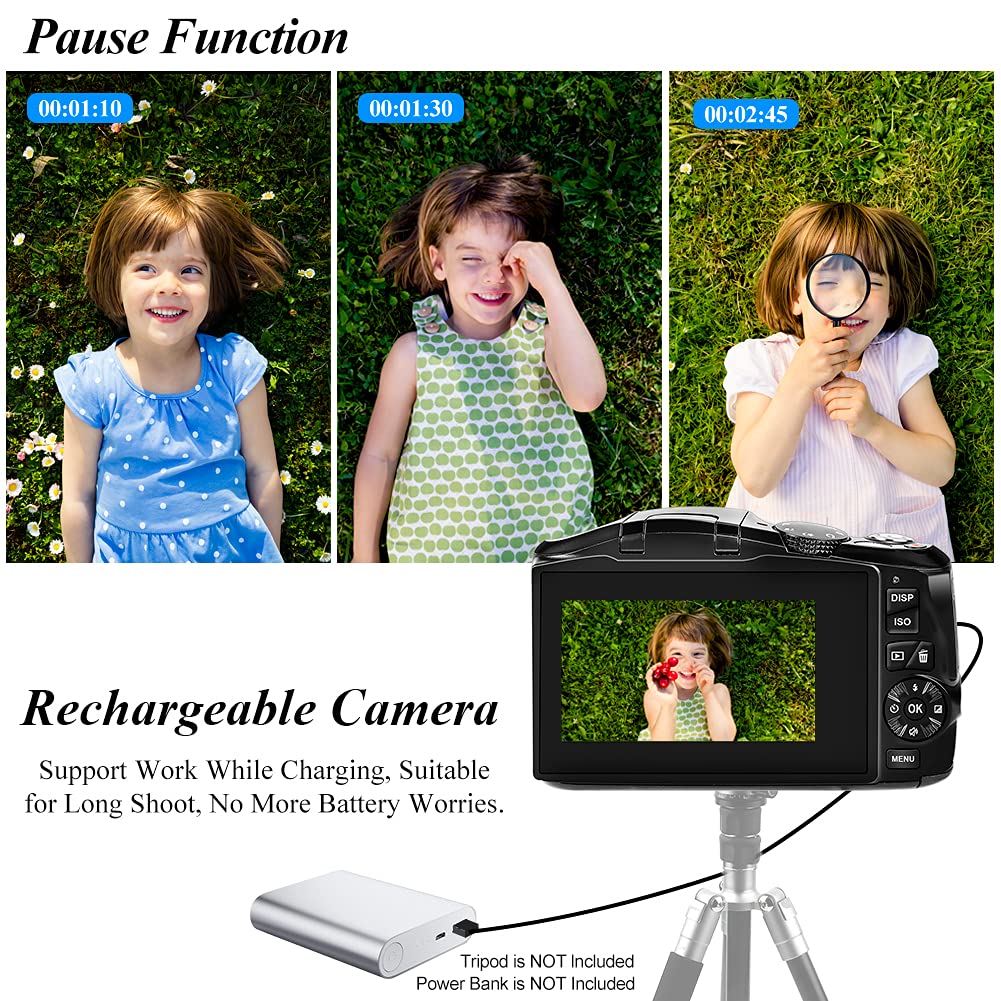 Lincom Tech Digital Camera, 2.7K 48MP Full HD Vlogging Camera Rechargeable YouTube Camera, 3 Inch Portable Compact Mini Blogging Camera Point and Shoot Camera for YouTube, Black