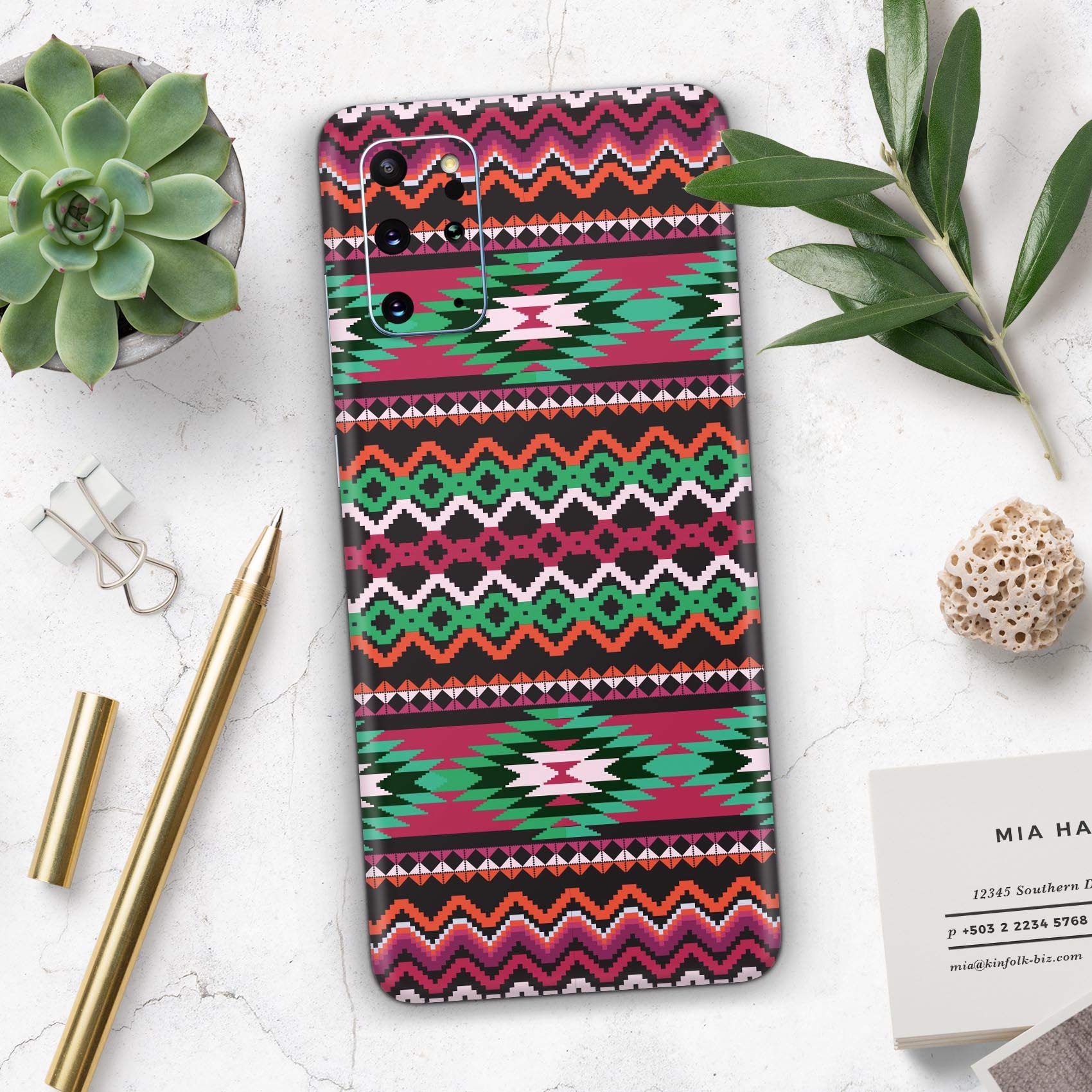 DesignSkinz Vector Green & Pink Aztec Pattern Protective Vinyl Decal Wrap Skin Cover Compatible with The Samsung Galaxy S20 (Screen Trim & Back Glass Skin)