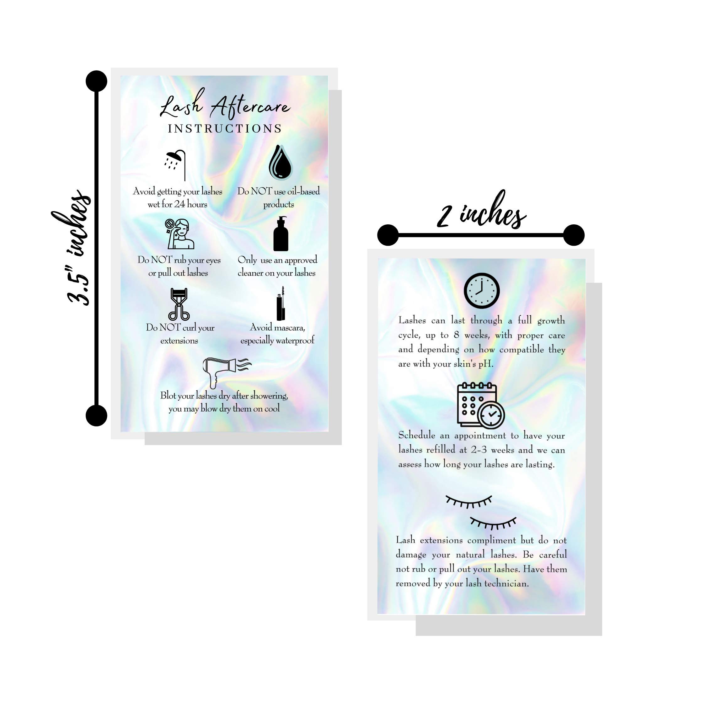 Lash Extension Aftercare Cards | 50 Pack | Business Card Size 3.5 x 2" inches After Care (2-3 Week Fillers) | Non-Reflective Matte Rainbow Holographic Look Design