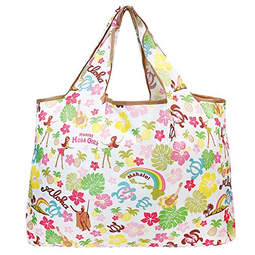 allydrew Large Foldable Tote Nylon Reusable Grocery Bags, 3 Pack, Aloha