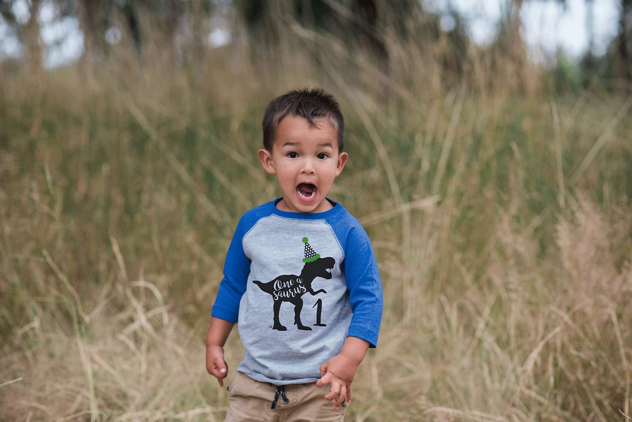 7 ate 9 Apparel Kid's One 1st 1 First Dinosaur Dino Birthday Blue Raglan Tee 18 Months