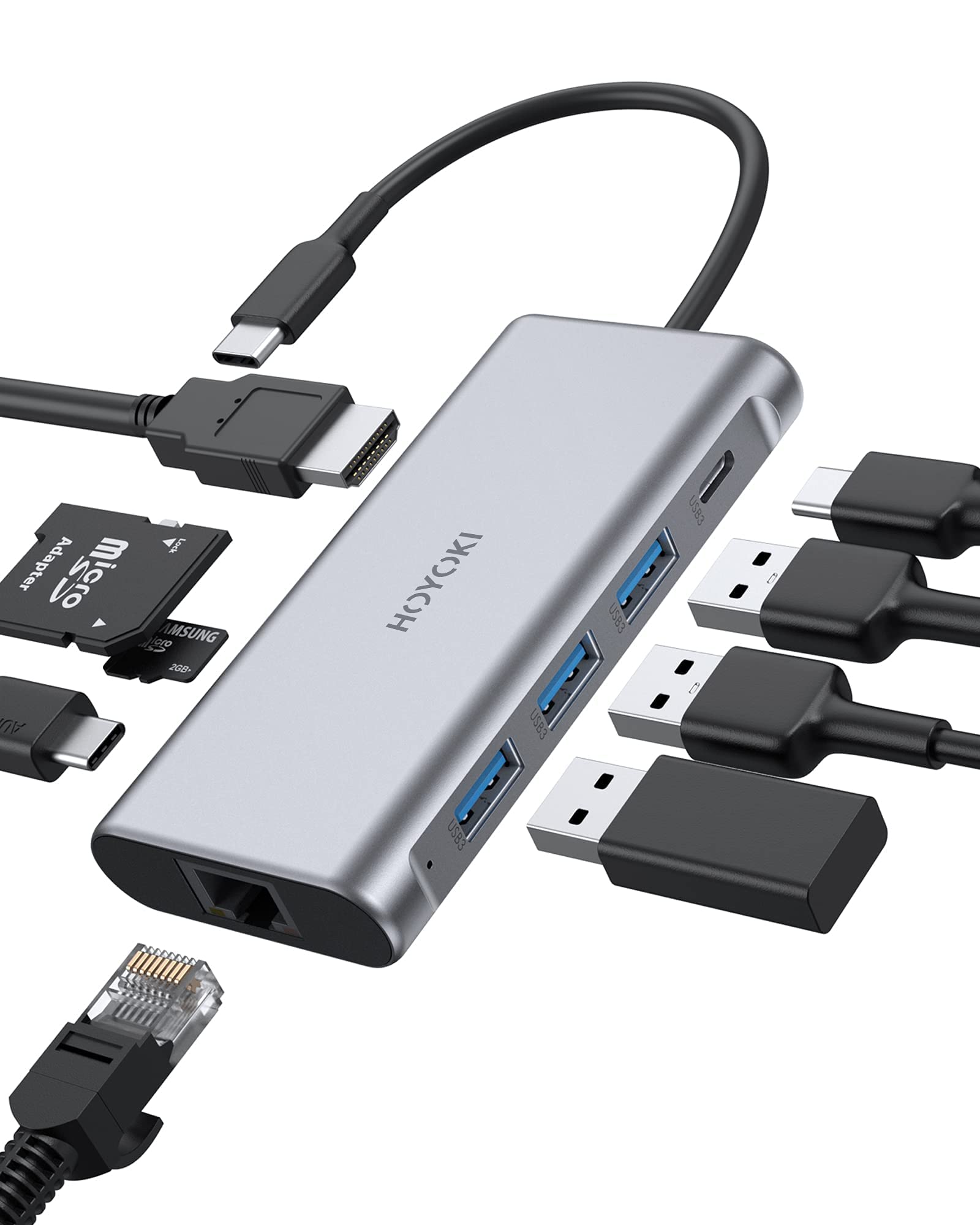 HOYOKI USB C Hub Multiport Adapter 9 in 1 with HDMI 4K, Ethernet, 100W PD Thunderbolt 3, USB-C Data Port, 3 USB 3.0, SD/TF USB Type C Hub for MacBook Pro/Air
