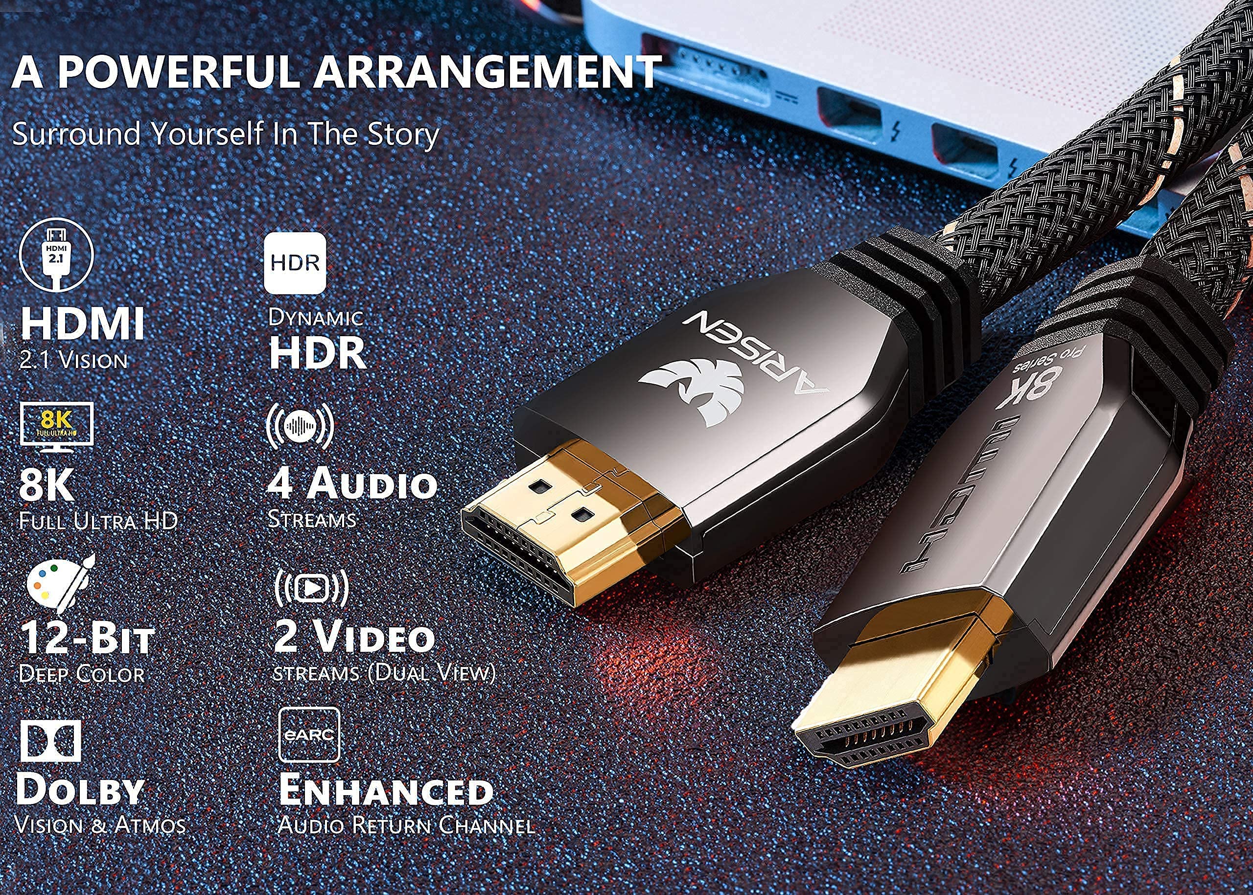 ARISEN 8K HDMI 2.1 Cable 8ft & 2ft Bundle