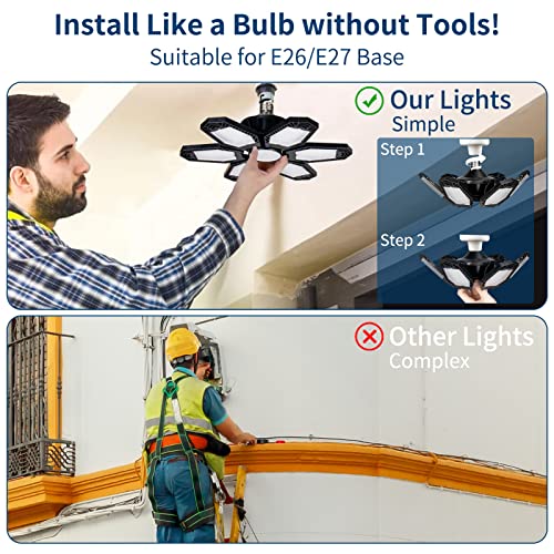 2 Pack Led Garage Ceiling Lights, 160W Deformable LED Garage Lights with 6+1 Multi-Position Panels, 16000LM E26/E27 Led Shop Lights for Garage Workshop Basement Attic Barn