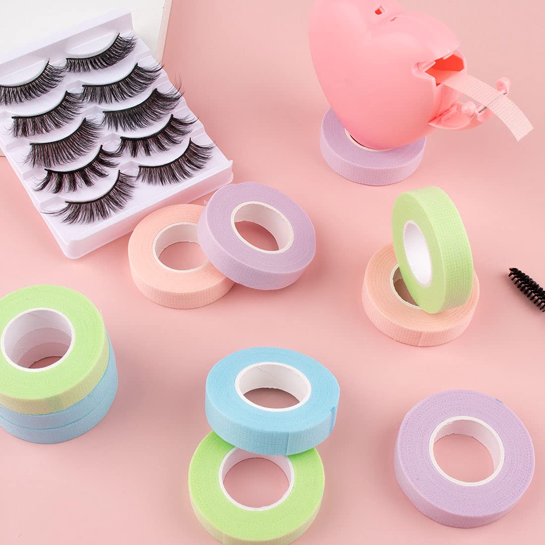 Rolybag 4 Colors Eyelash Extension Tape Breathable Eyelash Tape with Heart Shaped Tape Cutter Adhesive Non Woven Eyelash Tape Ladies Makeup Eyelash Tape Kits (Style A)