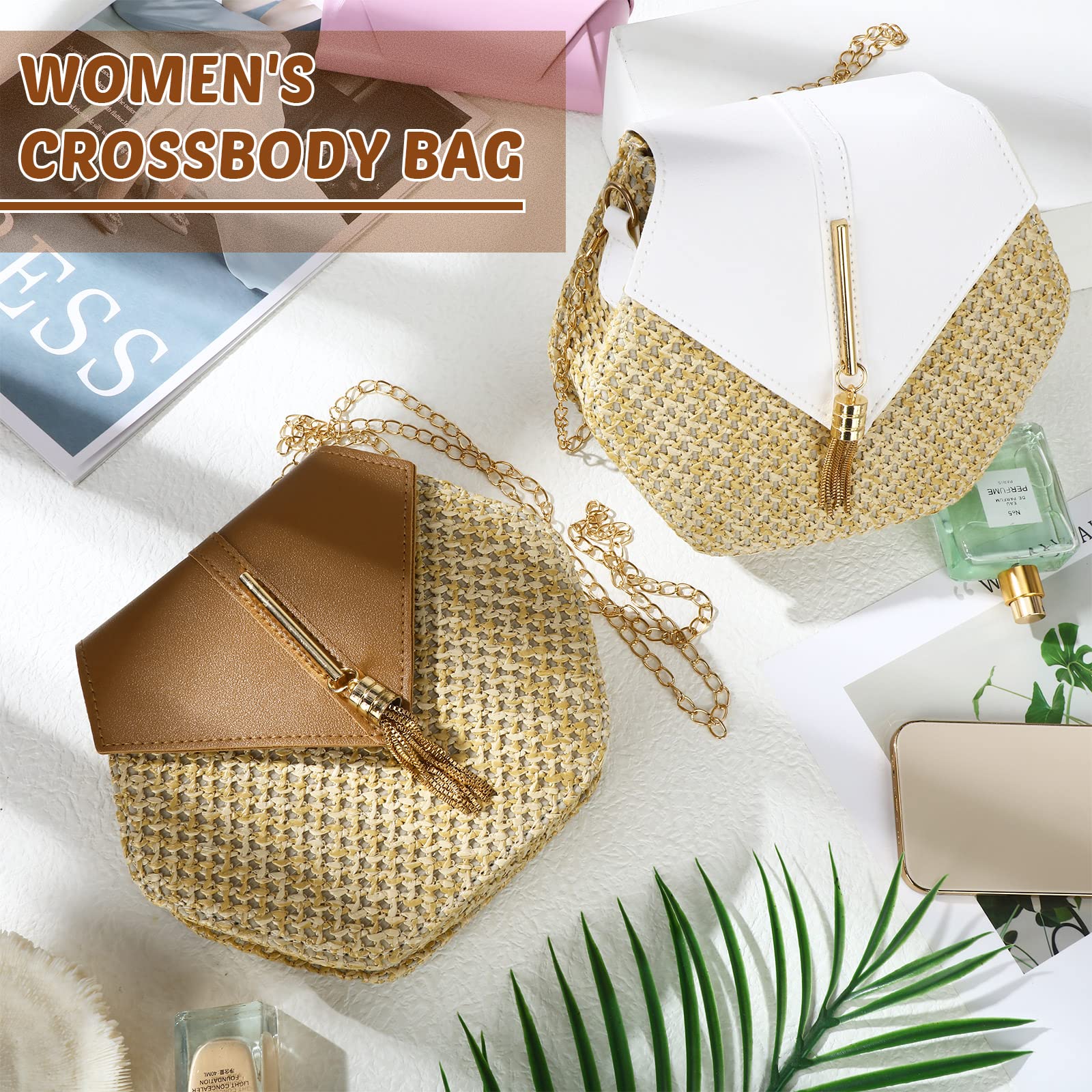 2 Pieces Straw Bag Straw Purse for Women Cute Crossbody Shoulder Bag Boho Woven Summer Vacation Beach Purse Hex Shape Straw Rattan PU Handbag Clutch (White, Brown)