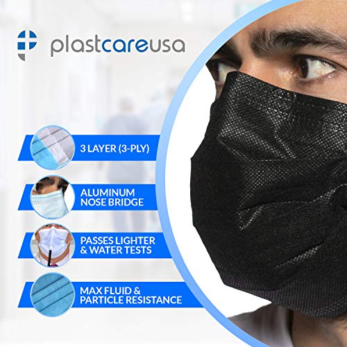 100 ASTM Level 1 Earloop Black 3-Ply Face Masks (2 Boxes of 50) by PlastCare USA