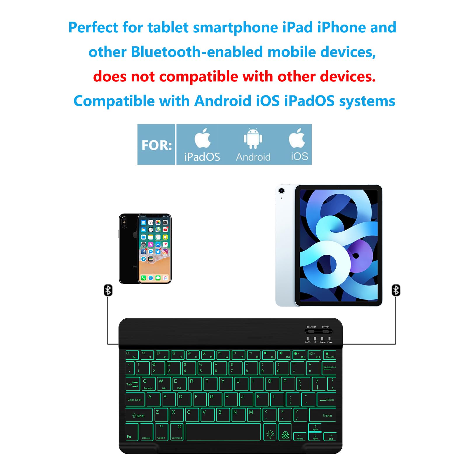 Backlit Bluetooth Keyboard Small Portable External Wireless Keyboard Cordless Rechargeable Illuminated for Android Tablet Cell Phone Smartphone iPad Pro Air Mini iPhone Windows Surface (Black)