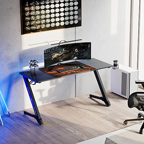 Eureka Ergonomic Gaming Desk 60 inch, Z-Shaped Carbon Fiber Surface Desktop Home Office PC Computer Desk with Mouse Pad, Ergonomic Large Gamer Table with Cup Holder and Headphone Hook for Gaming Room