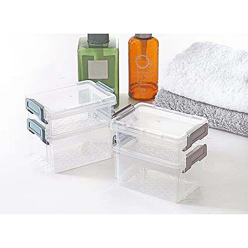 2 Pack Mini Plastic Storage Bin Organizing Container with Lids and Latching Buckles Stackable Nestable Clear Storage Containers Latching Box with Handle for Organizing, Medium and Large(Blue/Grey)