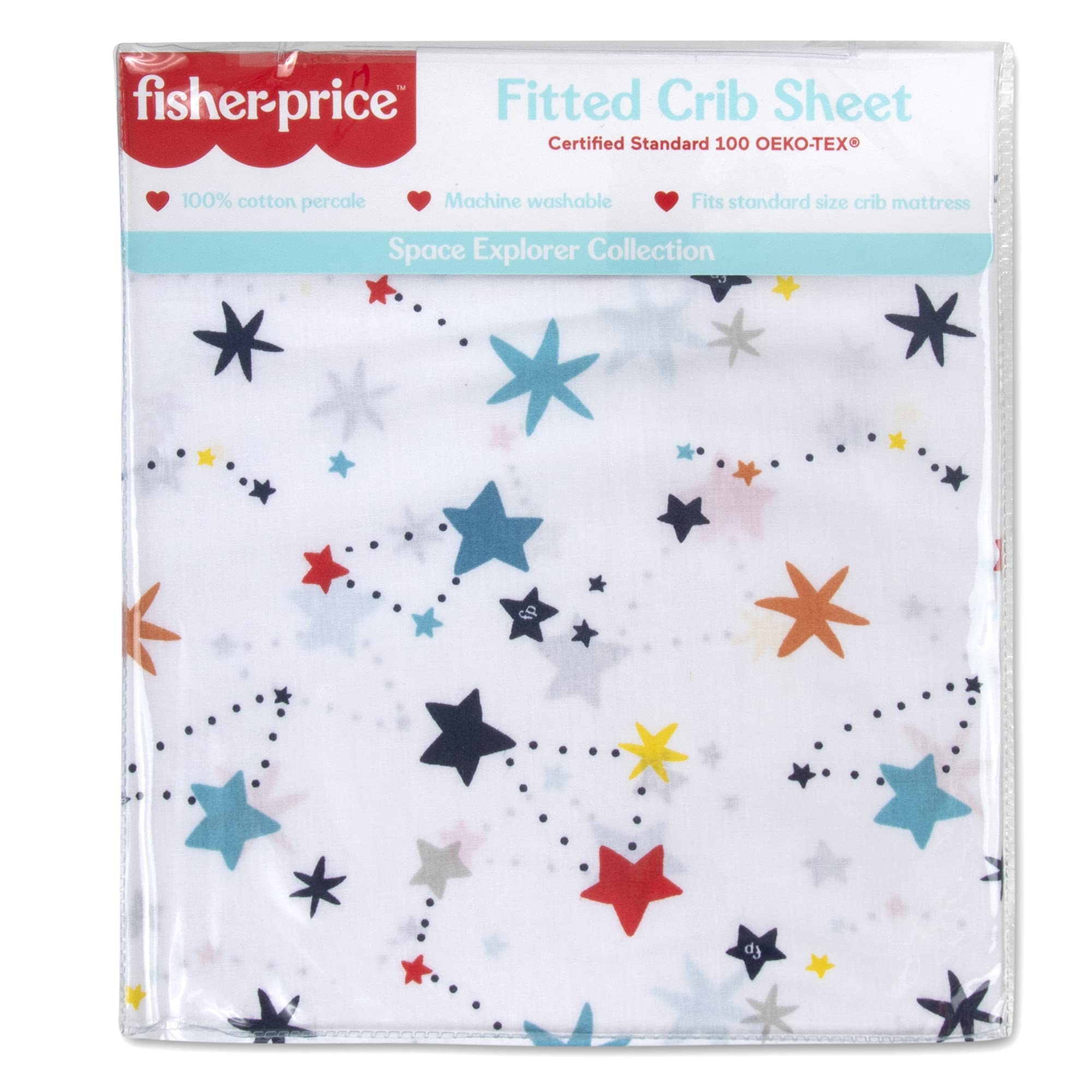 Fisher Price Space Explorer Fitted Crib Sheet Cotton Stars, Space Themed Nursery Bedding 28 x 52โ Fitted Crib Sheet for Standard Crib Mattress