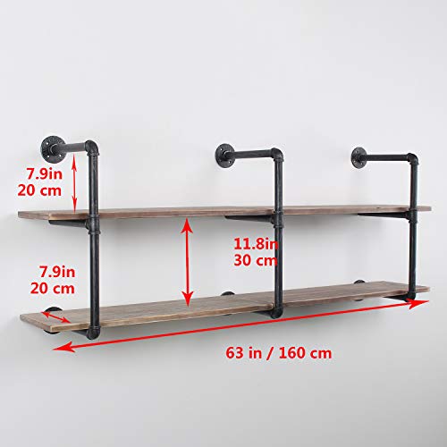 Industrial Pipe Floating Shelves,2 Tiers Wall Mount Bookshelf,63in Rustic Wall Shelves,DIY Storage Shelving Wall Shelf,Rustic Wall Shelving Unit,Wall Book Shelf for Home Organizer,Black Brushed Silver