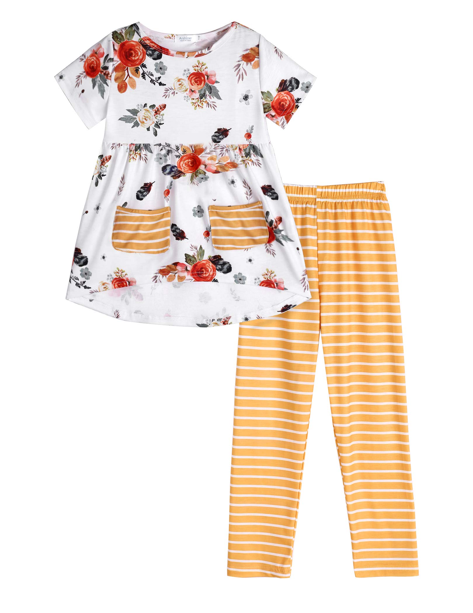 Arshiner Little Girls Outfits Floral Hi-Lo Tops+Pants Sets Short SLeeve 2pcs Pants Sets with Pockets