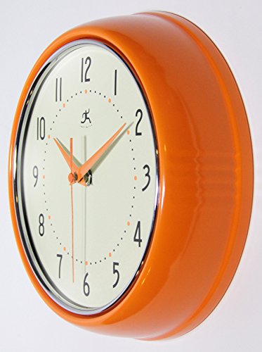 Infinity Instruments LTD. Retro 9 inch Silent Sweep Non-Ticking Mid Century Modern Kitchen Diner Wall Clock Quartz Movement Retro Wall Clock Decorative (Orange)
