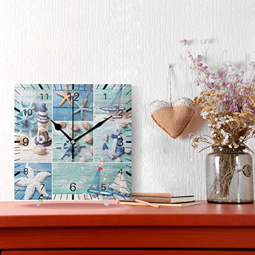 ALAZA Sea Anchor Lighthouse Ship's Wheel Ocean 7.9 Inch Square Wall Clock Battery Operated Non-Ticking Silent Quartz for Kitchen Home Living Room Office Bedroom(Black Pointer)