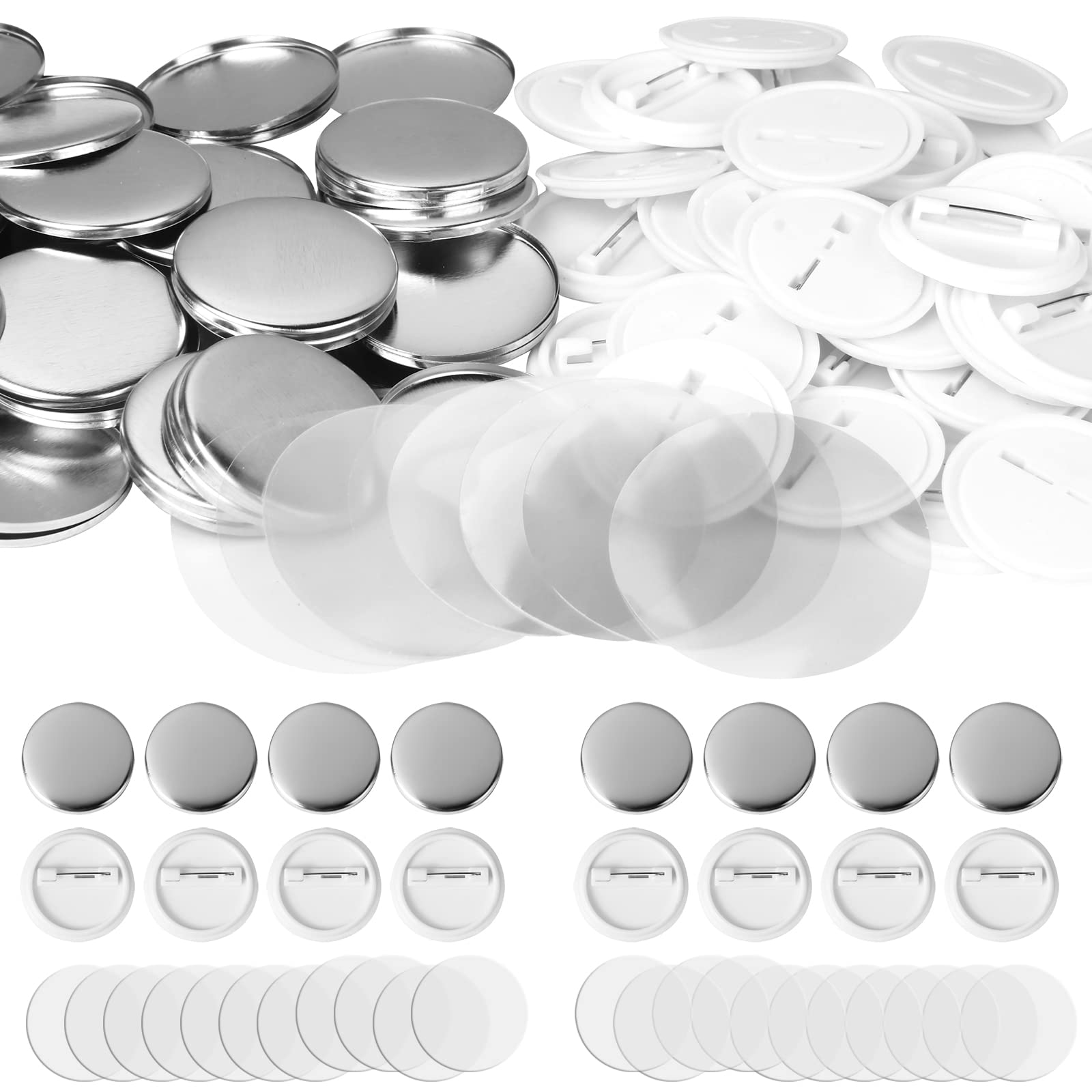 100 Pieces Blank Button Badge Parts for Button Maker Machine, Metal Shells, Plastic Back Cover and Clear Mylar Components, DIY Crafts Arts Supplies for Presents, Souvenirs (58mm)