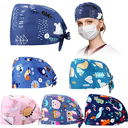 6 Pieces Scrub Caps with Buttons Women Working Cap Adjustable Sweatband Bouffant Hats (Cute Animals)