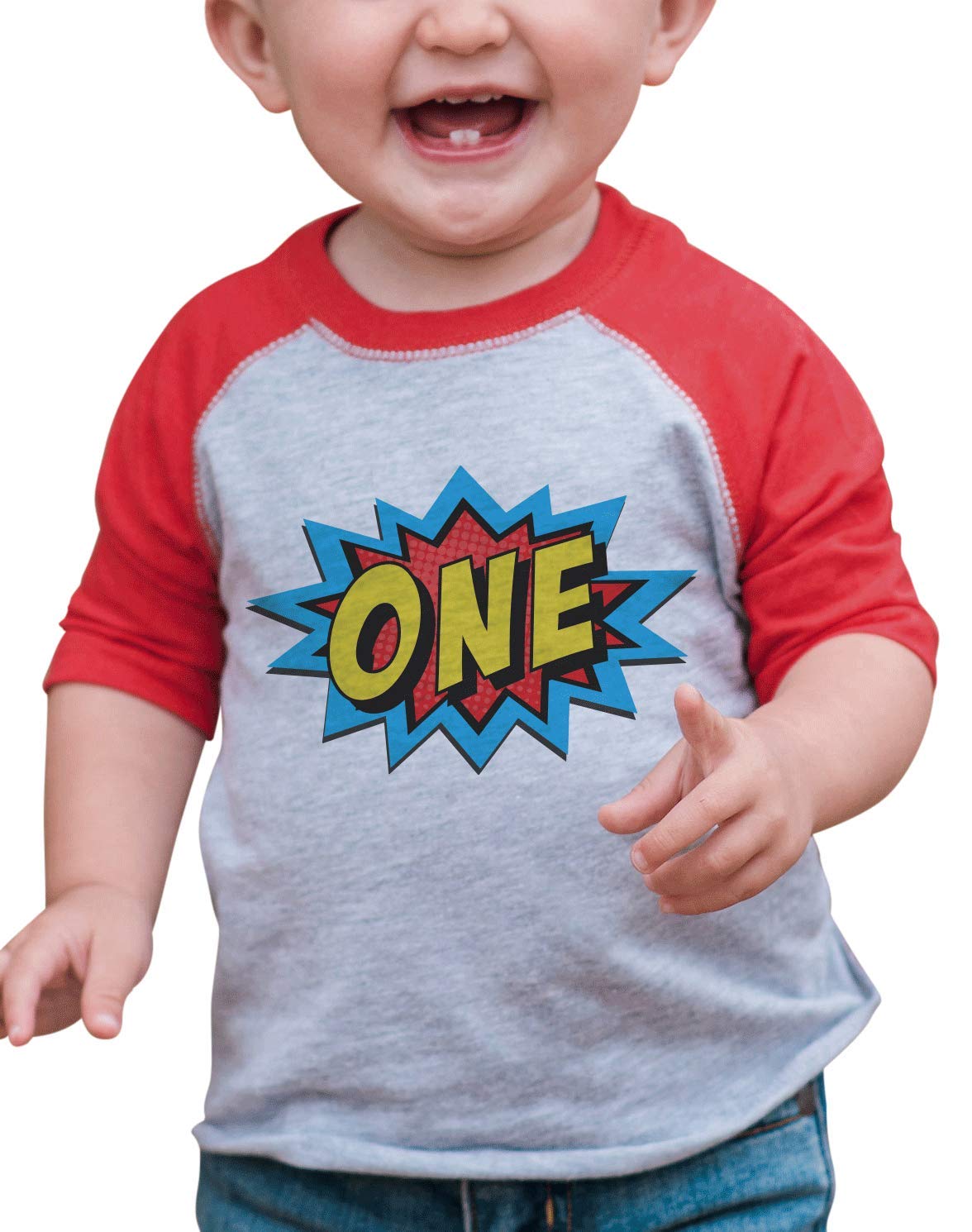 7 ate 9 Apparel Boy's Birthday Superhero One 1st 1 First Birthday Red Raglan 18 Months