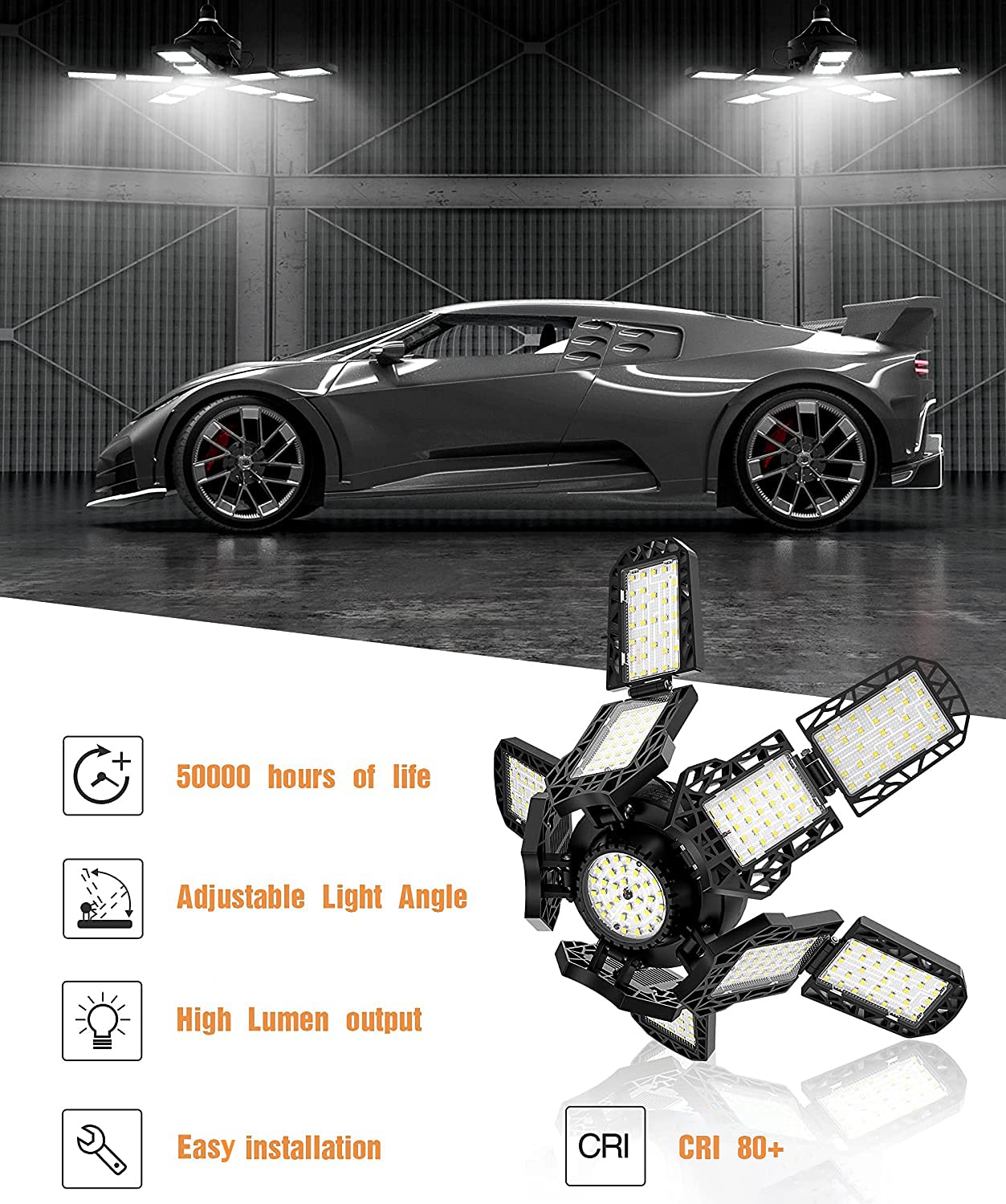 ESSNAMS 2 Pack LED Garage Lights, 180W 18000LM Garage Led Light, 6500K Deformable Led Garage Lights with 10+1 Adjustable Panels, Garage Lighting Ceiling LED for Garage, Barn, Basement (2 Pack)