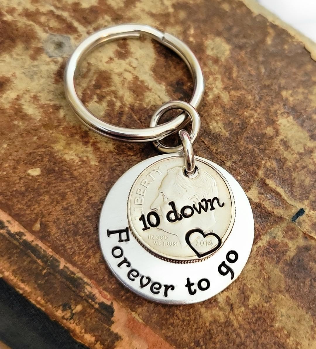 10 Down and Forever To Go 10th Year Anniversary Gift Key Chain with a 2014 Dime and Silver Aluminum Charm