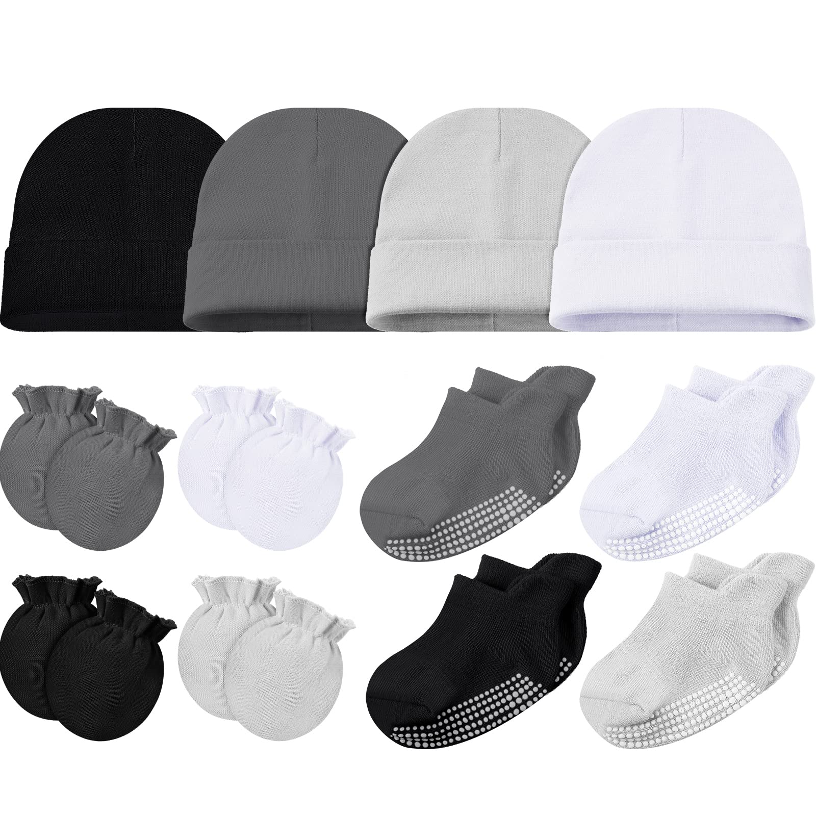 Boyiee 12 Pieces Baby Mittens Newborn Hats and Sock Infant Mittens Baby Caps Mittens Socks Set No Slip Ankle Socks(Blue and White)