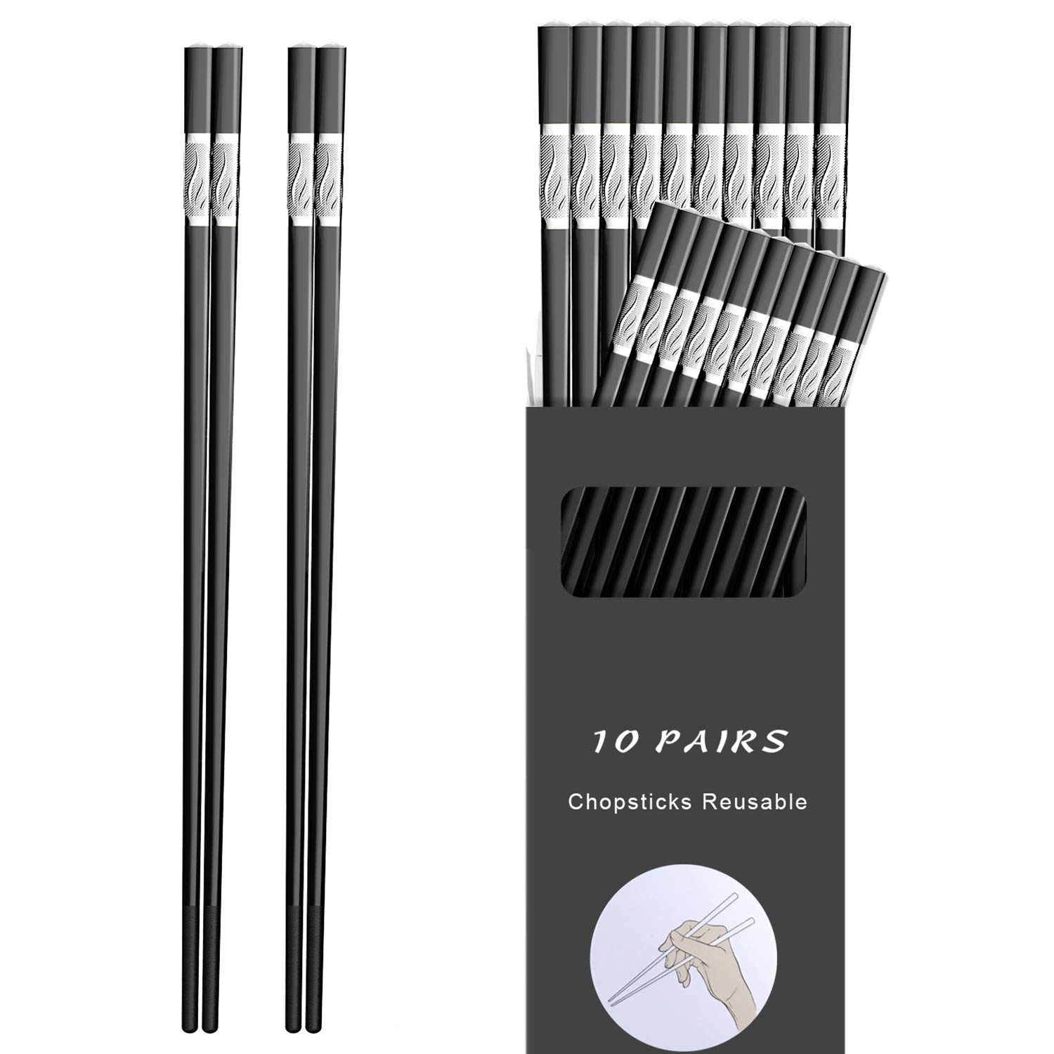 10 Pairs Chopsticks Reusable Dishwasher Safe, Fiberglass Chopsticks, 9.5Inch Non-Slip Chopsticks For Beginners, Japanese Korean Chinese Chop Sticks For Food & Cooking, All In A Gift Box