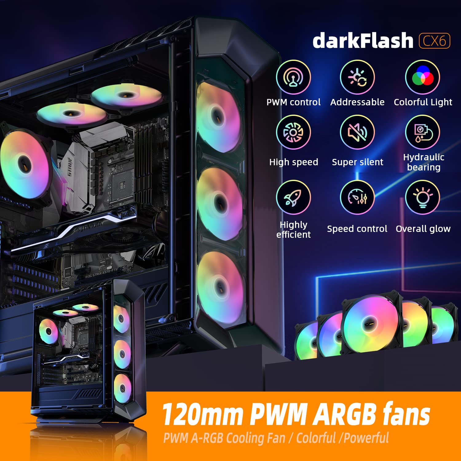 darkFlash 120mm RGB Case Fan, CX6 Addressable ARGB Fan with RGB PWM Fan Hub, High Airflow 5V Motherboard Sync, Ultra Quiet, PWM Static Pressure Fan, High Performance Computer Case Fans, 5 Pack