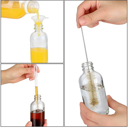 4oz Clear Glass Bottle with Poly Cone Cap, Boston Round Sample Glass Bottle for Potion, Juice, Ginger Shots, Oils, Whiskey, Liquids-48 Labels, 5 Funnels, 5 Droppers, 1 Brush&Chalk Marker-Pack of 42