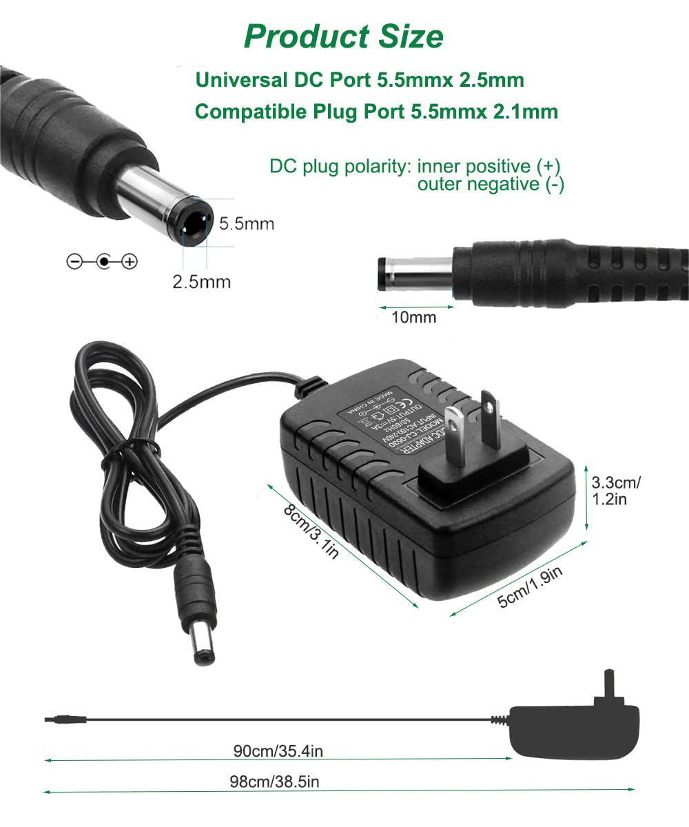 5V 3A 15W Power Supply 100V~240V AC to 5Volt DC Adapter with 5.5mm x 2.1mm Connector Plug for 2.5A 2A 1.5A 1A 500ma 300ma Led Strip, String Lights, CCTV Cameras, Security System