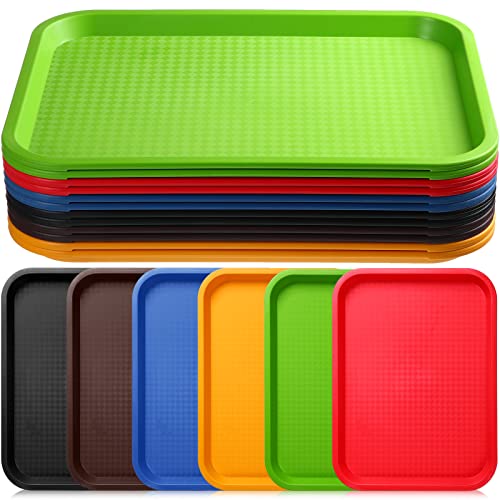 12 Pieces Plastic Fast Food Tray 10.6 x 13.8 Inch Restaurant Serving Tray Cafeteria Trays for Lunch Coffee Table Restaurant Kitchen Party, 6 Assorted Colors