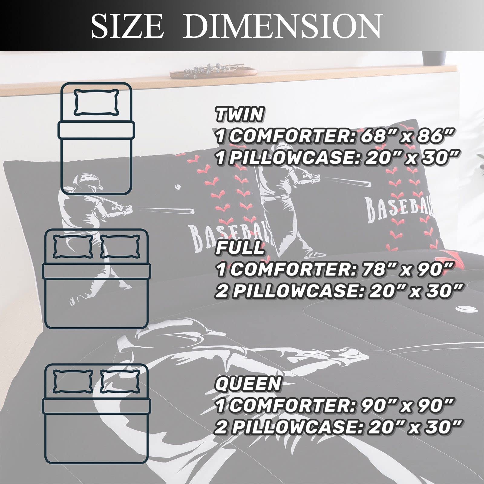 MWMWMW Boys Queen Comforter Set, Sports Theme Baseball Bedding Set for Kids Girls Teens, 3 PCs Soft Microfiber Baseball Player Blanket, 1 Comforter with 2 Pillowcases