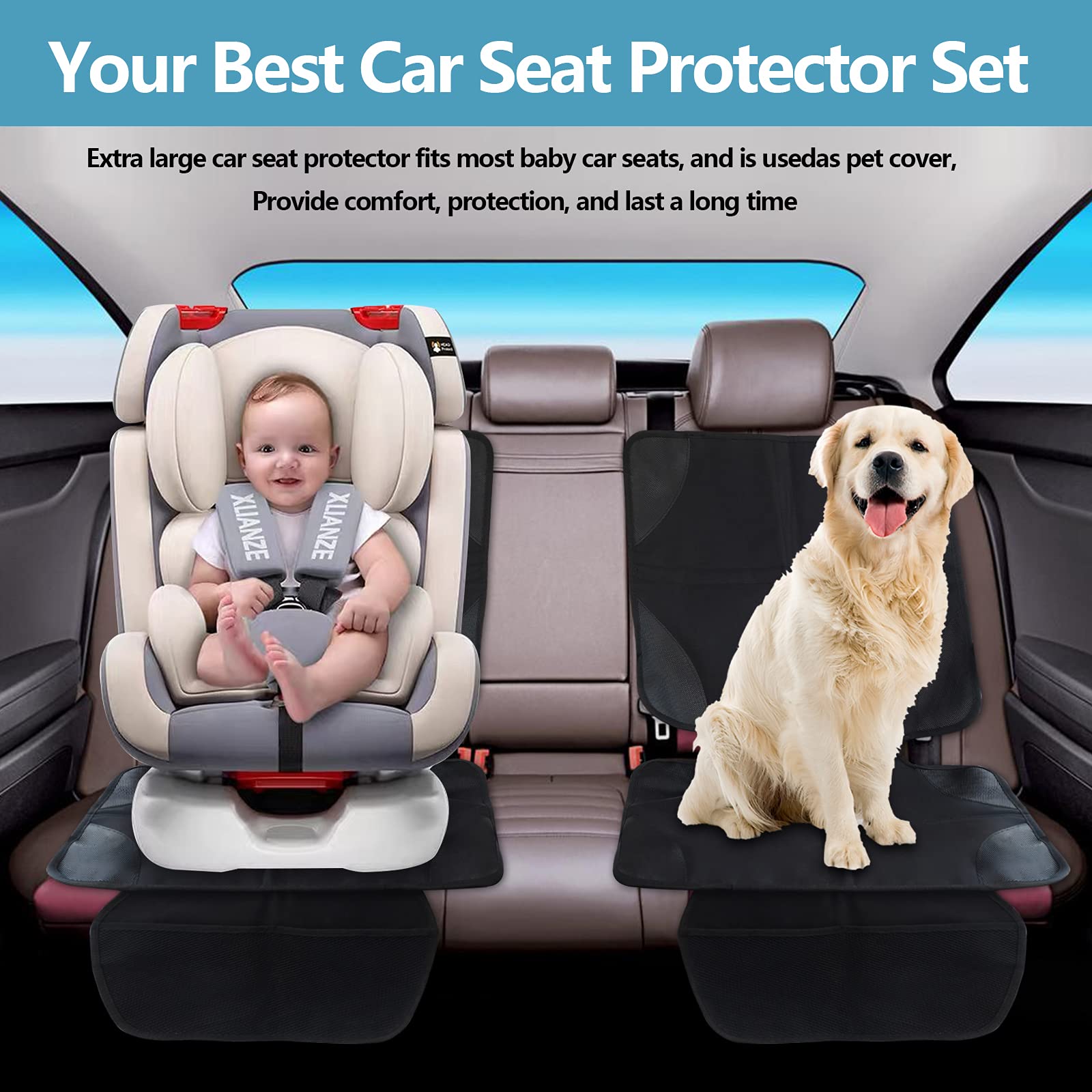 Car Seat Protector for Child Car Seat + Car Organizer Back Seat 4 Pack Kick Mat Car Seat Cover for Baby Carseat Waterproof for Leather CarSeats
