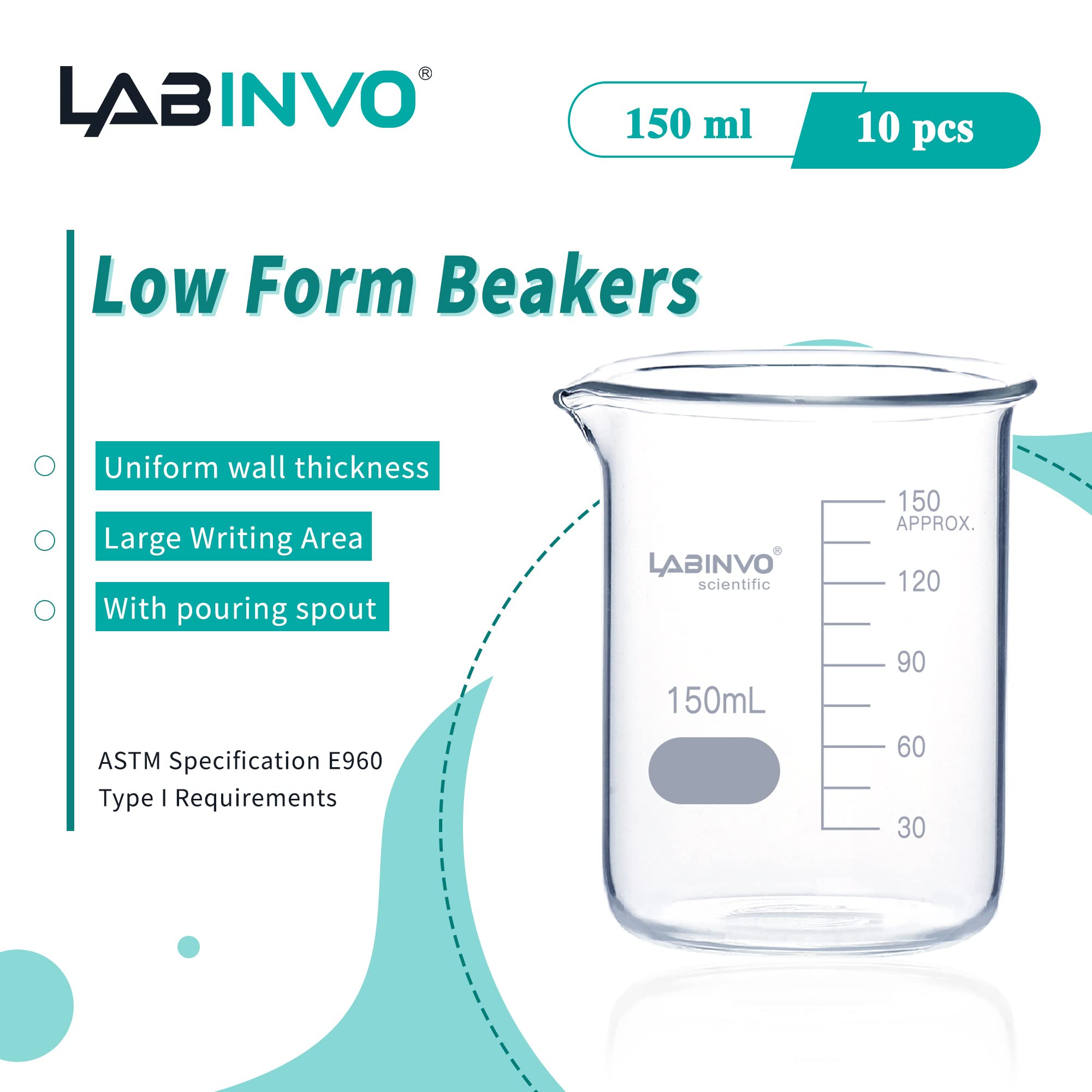 LABINVO Low Form Graduated Glass Beaker, 10pcs of Vol.150ml, 3.3 Borosilicate Glass Beaker Set, IN-BKL150