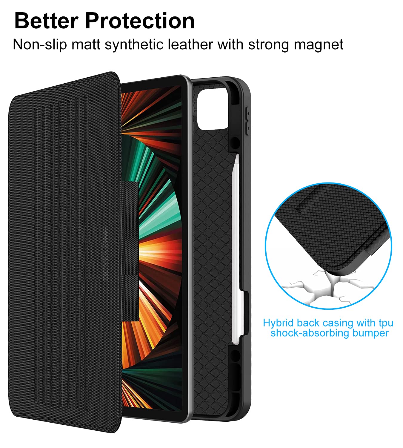 Bostone iPad Pro 12.9 Case 2021 5th Generation, 7 Viewing Angles Magnetic Stand, Smart Auto Sleep/Wake Protective iPad Pro 12.9 Case Cover Shockproof with Pencil Holder, Black
