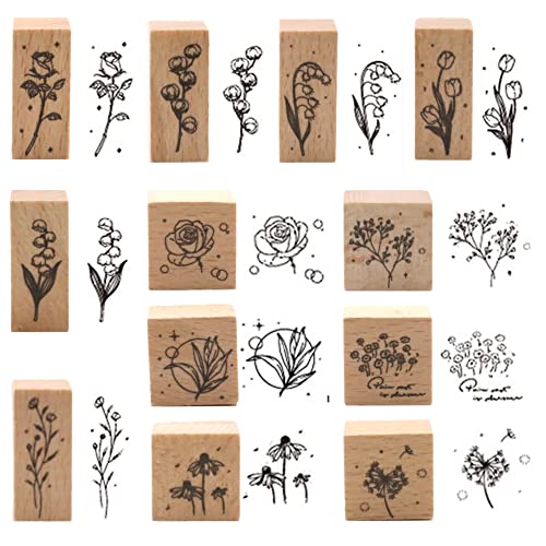 12 Pieces Vintage Wooden Flower Stamp Rubber Plant Decorative Mounted Rubber Stamp Set for DIY Craft, Letters Diary and Craft Scrapbooking