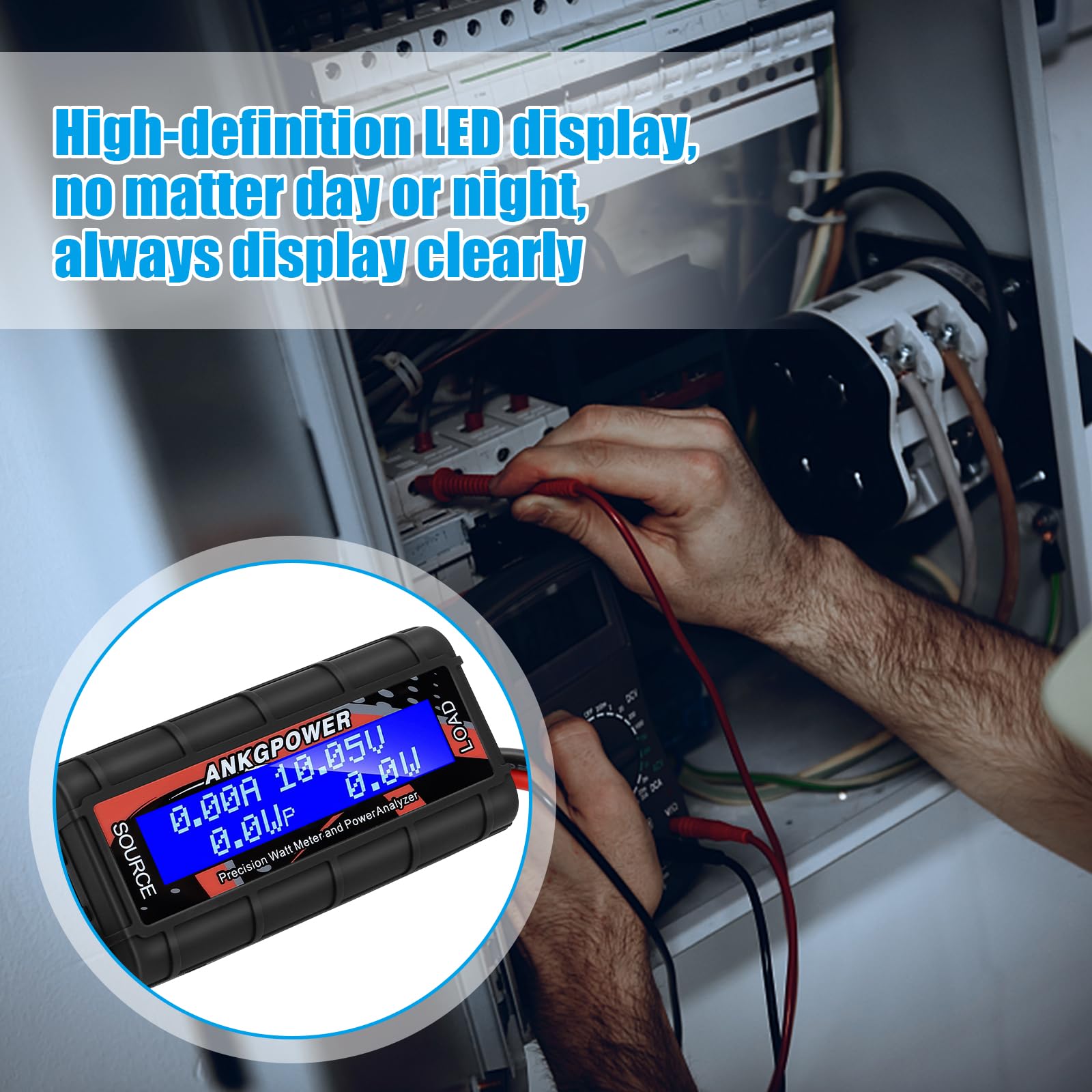 ANKG 150A Watt Meter Power Analyzer, High Precision RC with Digital LCD Screen&2 Sets of 45amp Power Pole Connectors for Voltage (V) Current (A) Power (W) Charge(Ah) and Energy (Wh) Measurement