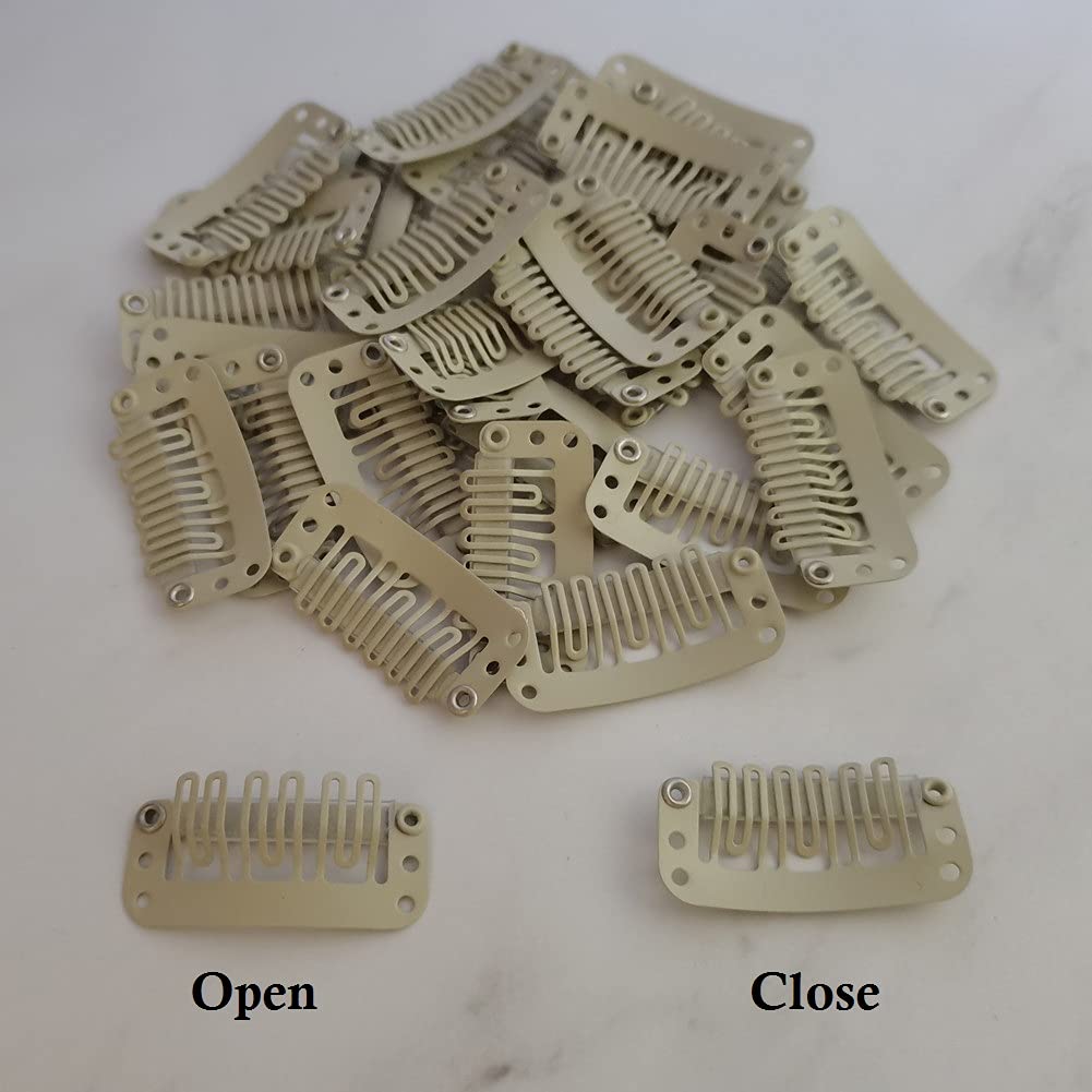 70PCS Kit U-Shape Snap Clips for Hair Extensions 6 Teeth Metal Wig Clips Blonde Hair Weave Thread Needle Kit with Curved Needles T Pins Needle Threader Thimble,Beige