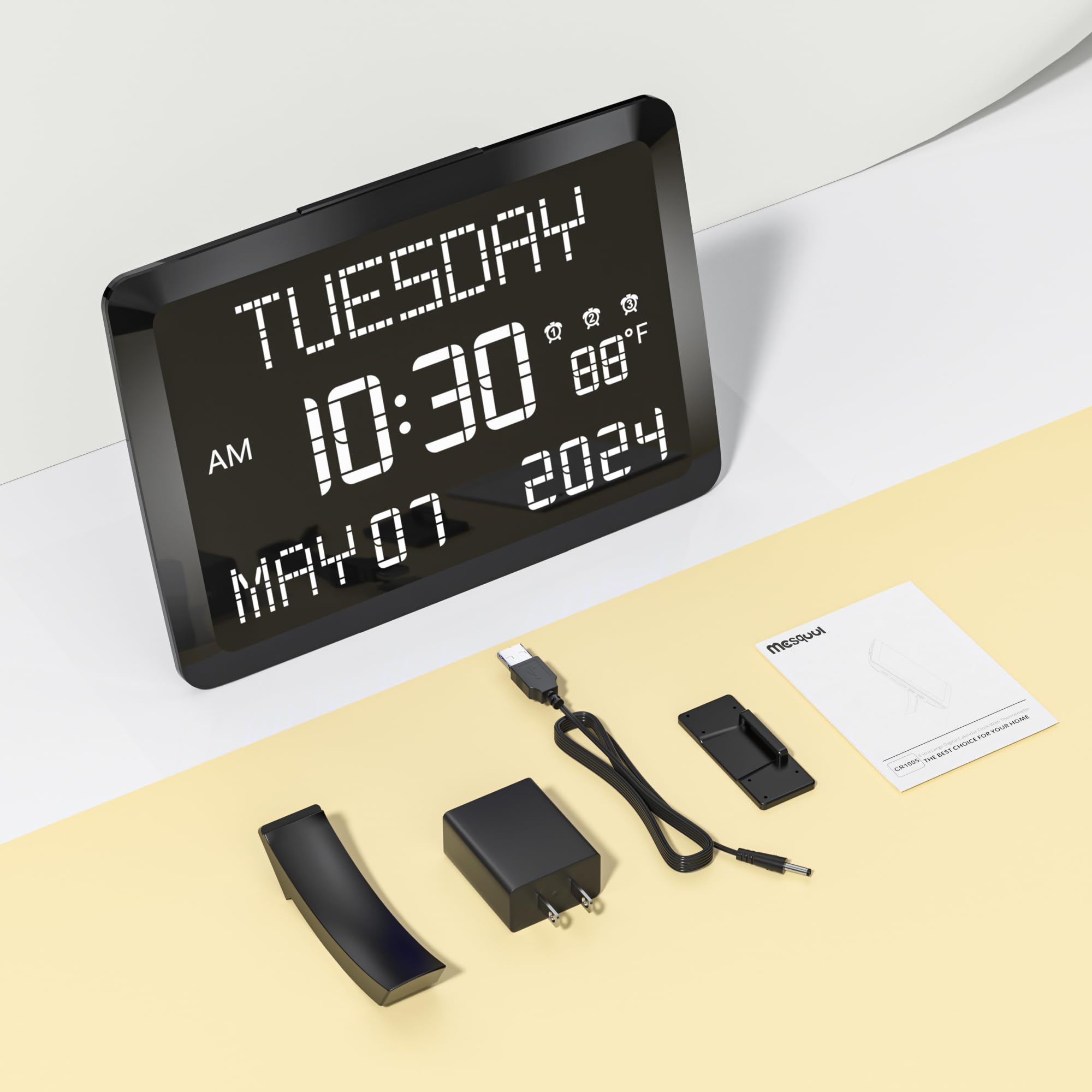 11.5โ Digital Wall Clock with Date,Time,Week,Indoor Temperature,3 Alarms,5 Dimmer,2 USB Chargers,Battery Backup,Snooze,12/24H for Elderly,Parents,Impaired Vision,Dementia,Memory Loss,Office,Bedroom