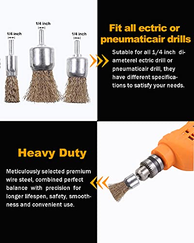 15 Pack Brass Coated Wire Brush Wheel & Cup Brush Set with 1/4-Inch Shank, Rocaris 3 Sizes Coated Wire Drill Brush Set Perfect For Removal of Rust/Corrosion/Paint