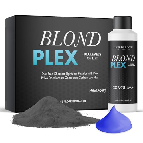HAIR BAR NYC Blond Plex Extreme 10X Lightener + 30 Volume Anti-Yellow Violet Developer Kit - Black/Charcoal Dust-Free Hair Bleach with Keratin & Bond Building, Cool-Toned, Bright Finish Kit 60g/2.11oz