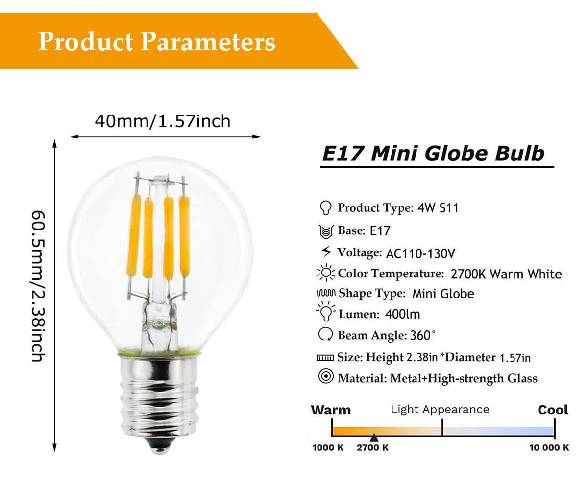 2-Pack E17 Mini Globe Bulb S11 LED Light Bulb,E17 Intermediate Base 4W Warm White 2700K,40 Watt S11 G40 Incandescent Bulb Replacement for Desk Lamp,Cabinet,Closet, Non-Dimmable