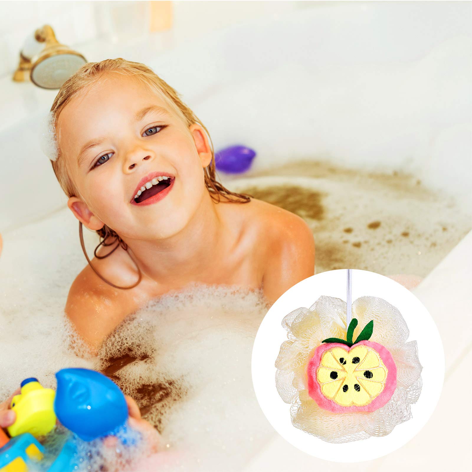 6 Pieces Cute Fruit Bath Shower Sponge Loofahs Mesh Pouf Shower Ball Colorful Cartoon Body Scrubber Balls Shower Mesh for Kids Adults
