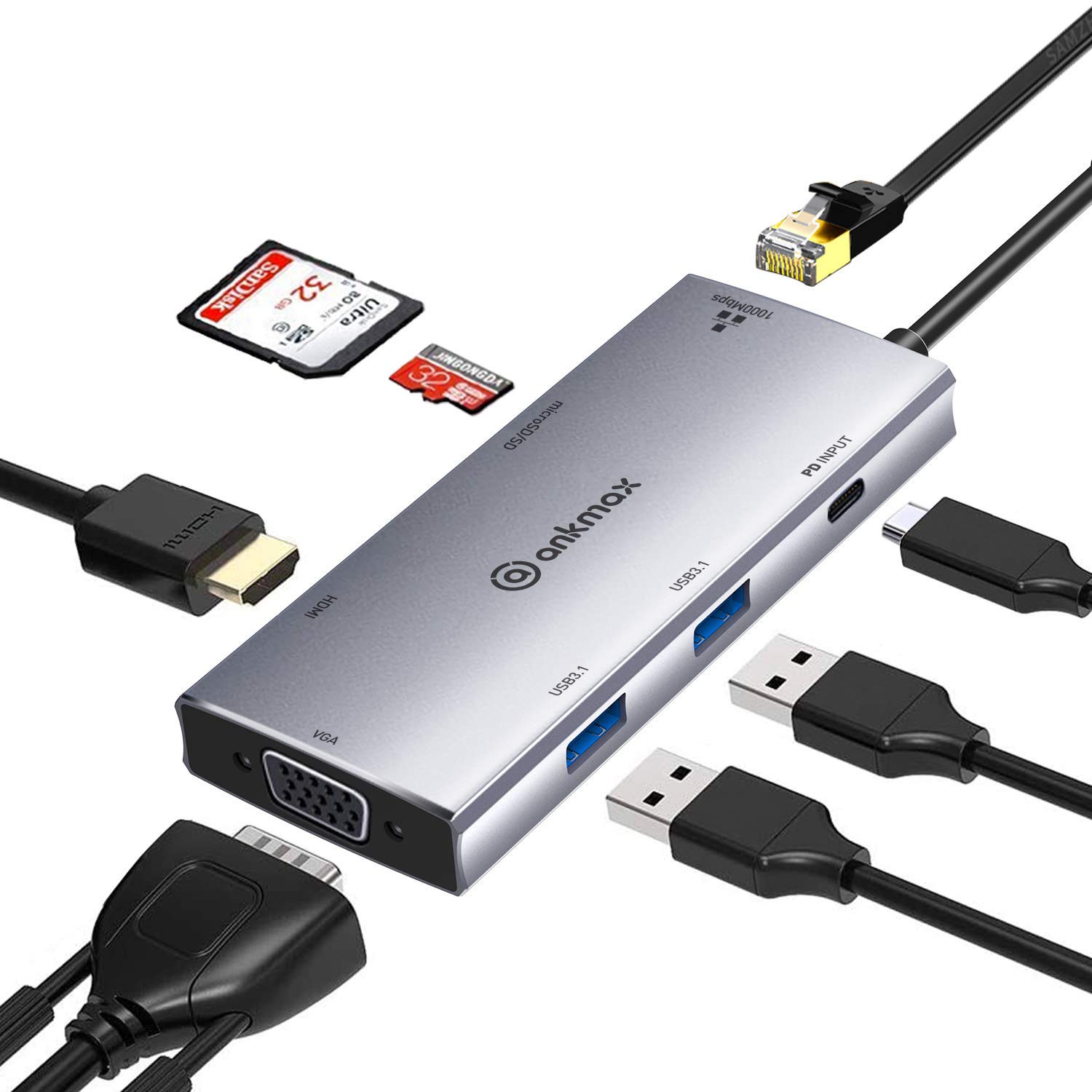 Ankmax USB C Hub P831HGS 8in1 USB Type C Adapter with 4K HDMI, VGA, 1Gbps RJ45 Ethernet Port, 2 USB 3.1, PD Charging Port, SD/TF Card Reader for MacBook/Pro/Air,iPad Pro and Type C Windows Laptops