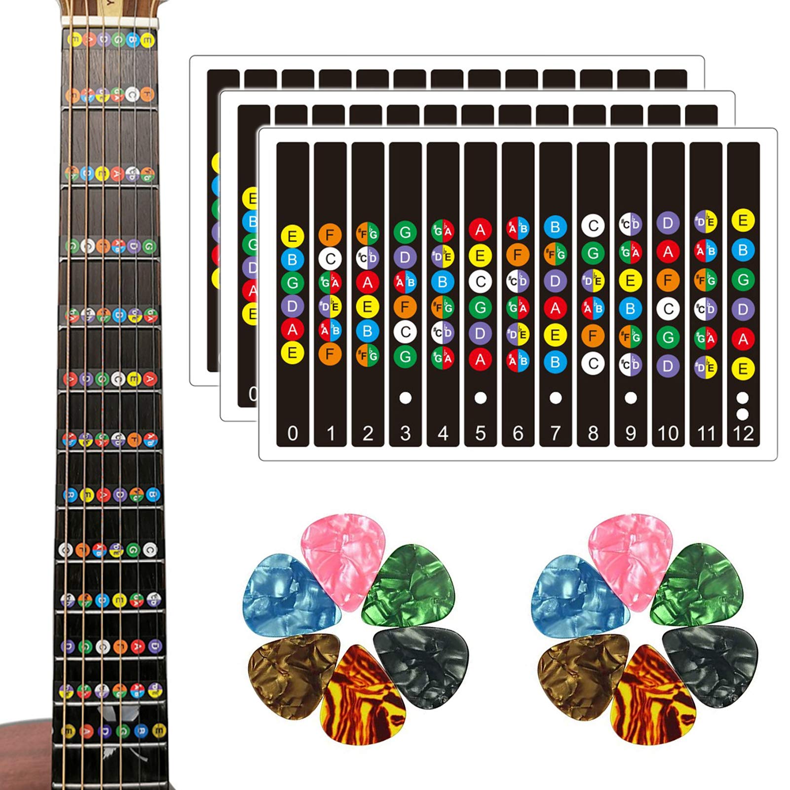 12 Pcs Celluloid Picks 0.46mm/0.71mm/0.96mm,With 3 Pcs Guitar Fretboard Stickers for Guitar Players