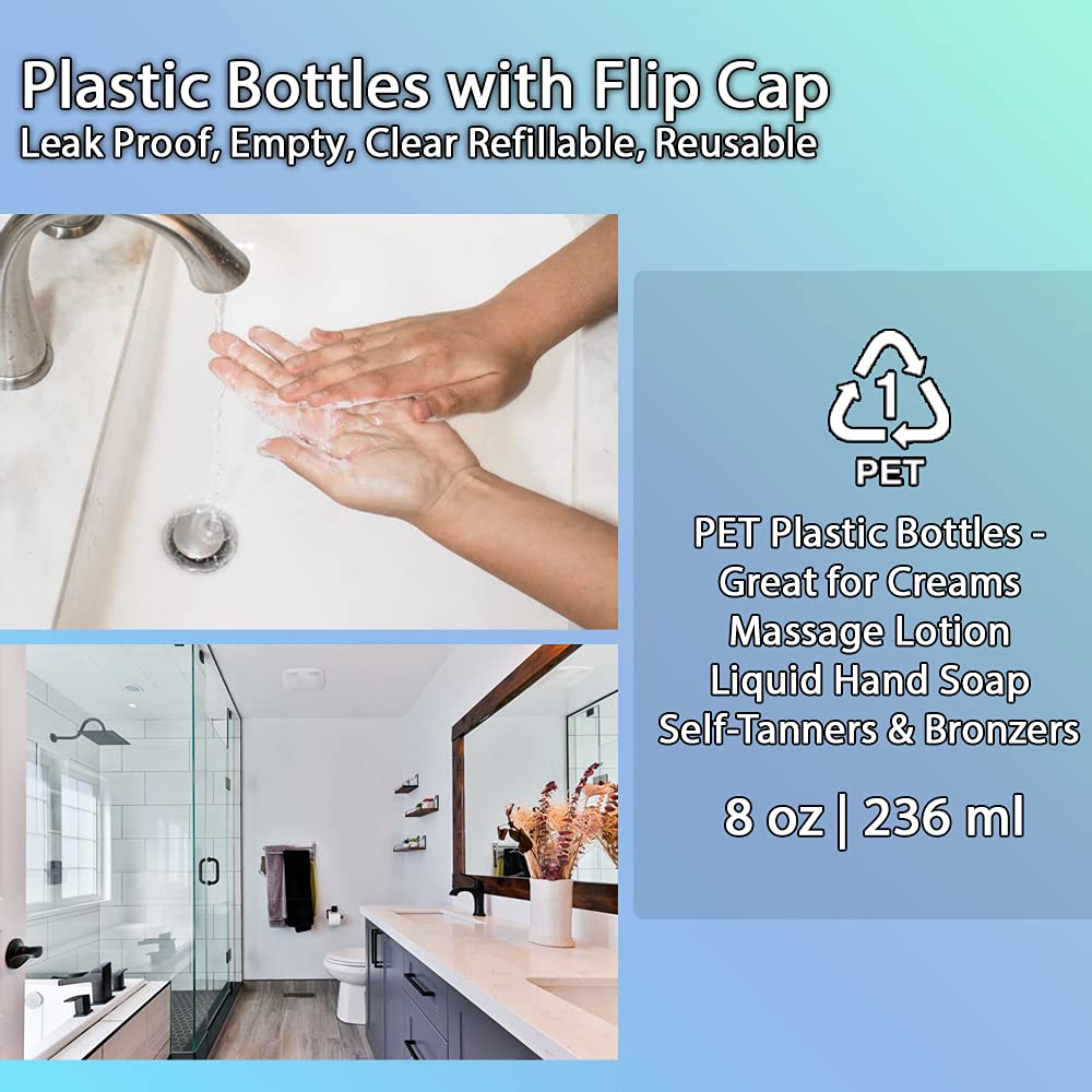 Rtek 8 Ounce Clear Plastic Empty Bottles With Flip Cap, Refillable Containers for Shampoo, Lotions, Cream and more Pack of 6, BPA Free (Flip Top) 8 oz