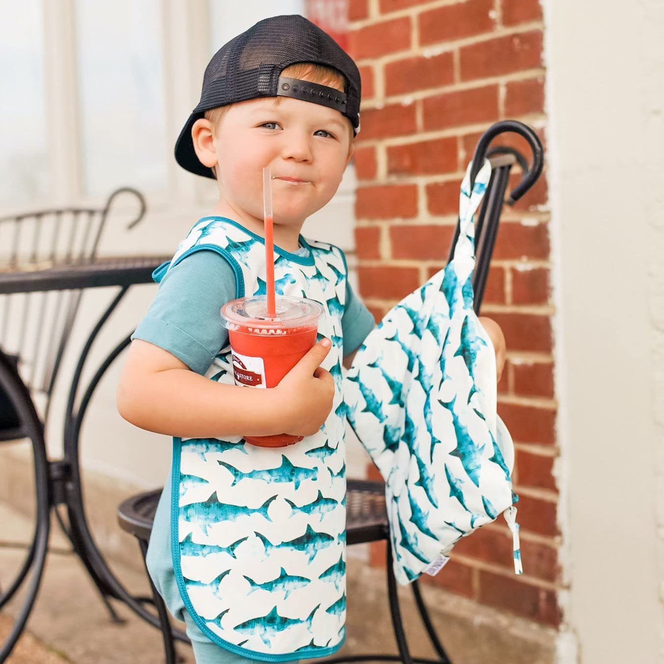 BapronBaby Shark Attack Wet Dry Bag - Waterproof Two Zipper Pockets - Reusable for Mealtime, Diapers, Stroller, Snacks, Swimsuits - Machine Washable - 11" x 9"