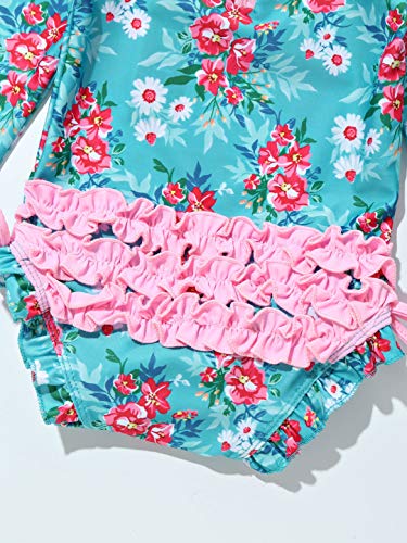 MSemis Infant Baby Girls Floral Printed Ruffled Back Rash Guard UPF 50+ Swimwear Swimsuit Bathing Suit Blue 18-24 Months